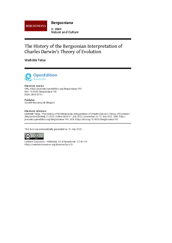 (PDF) The History of the Bergsonian Interpretation of Charles Darwin's ...