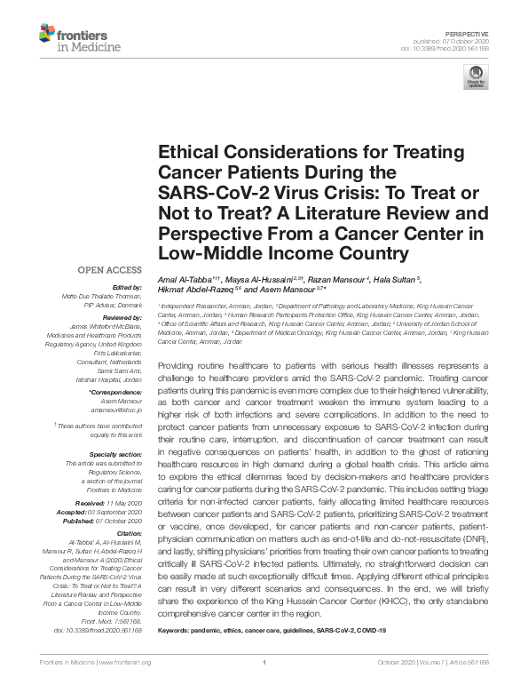(PDF) Ethical Considerations for Treating Cancer Patients During the ...