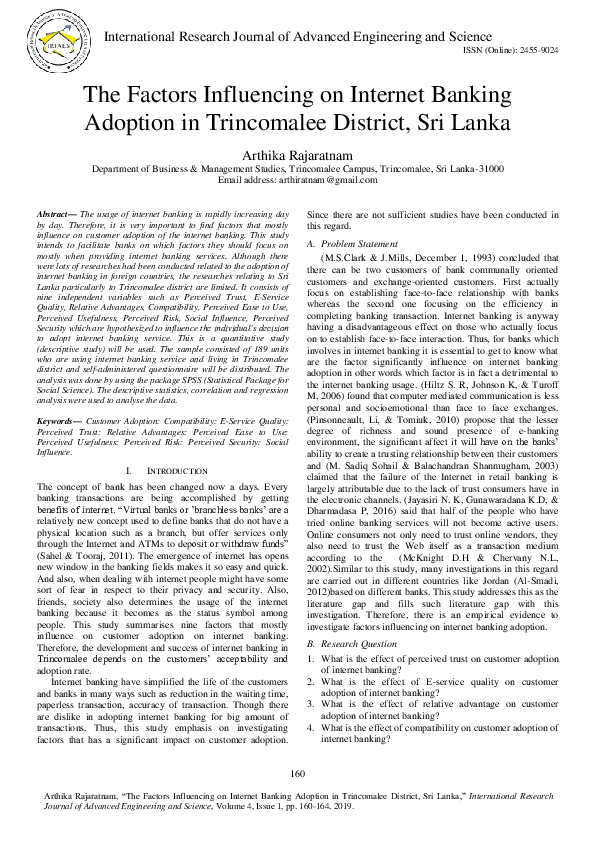 (PDF) The Factors Influencing on Internet Banking Adoption in Trincomalee District, Sri Lanka