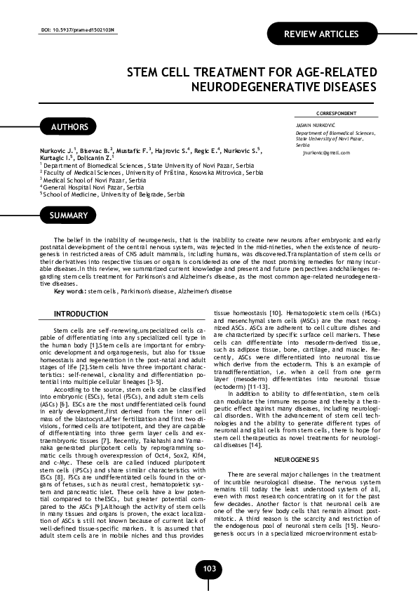 (PDF) Stem cell treatment for age-related neurodegenerative diseases