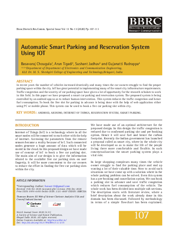 (PDF) Automatic Smart Parking and Reservation System Using IOT