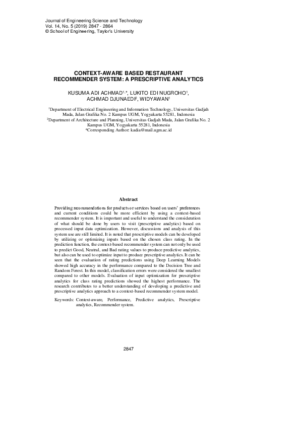 (PDF) CONTEXT-AWARE BASED RESTAURANT RECOMMENDER SYSTEM: A PRESCRIPTIVE ANALYTICS