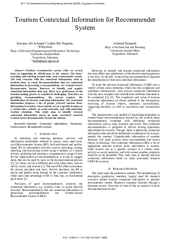 Pdf Tourism Contextual Information For Recommender System