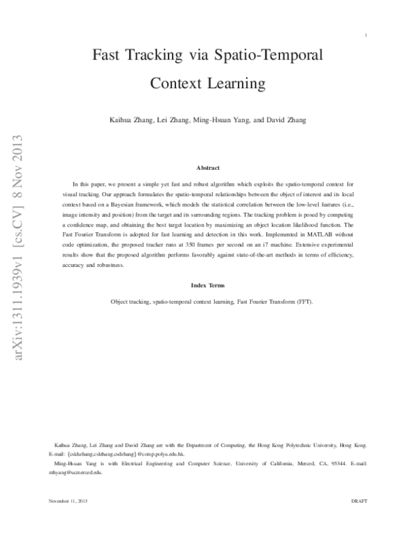 (PDF) 1 Fast Tracking via Spatio-Temporal Context Learning | Ming-Hsuan Yang - Academia.edu