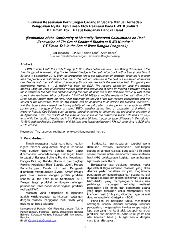 (PDF) Evaluasi Kesesuaian Perhitungan Cadangan Secara Manual Terhadap Penggalian Nyata Bijih ...