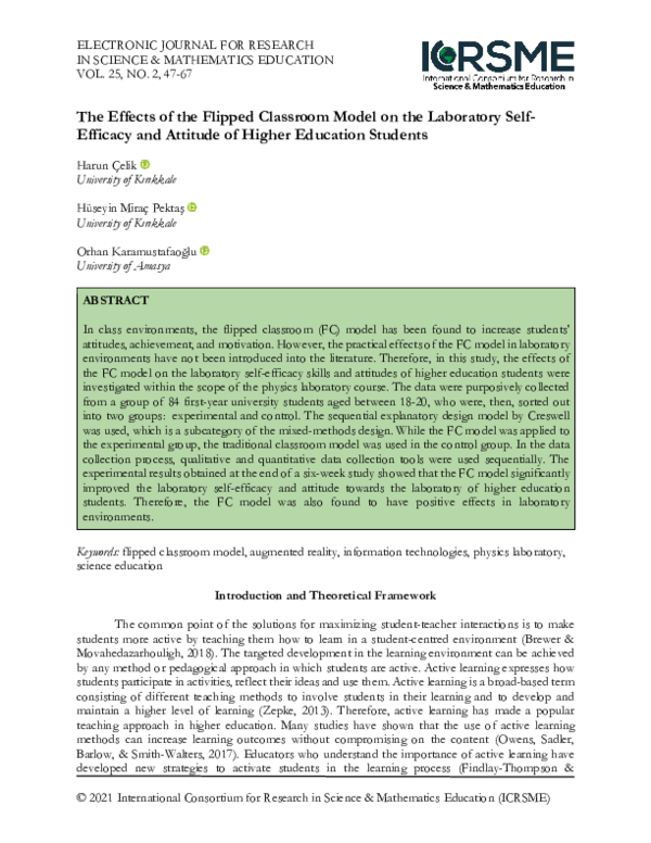 (PDF) The Effects of the Flipped Classroom Model on the Laboratory Self- Efficacy and Attitude ...
