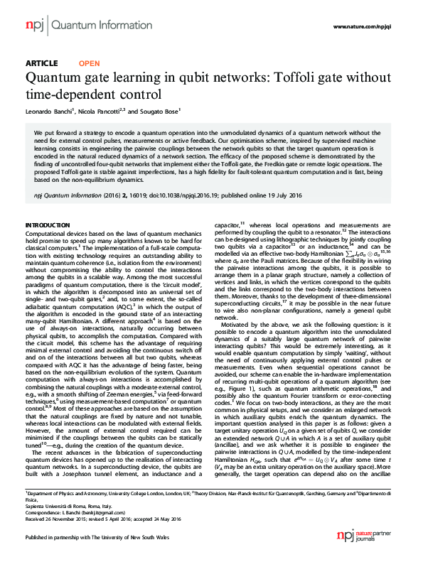 (PDF) Quantum gate learning in qubit networks: Toffoli gate without time-dependent control
