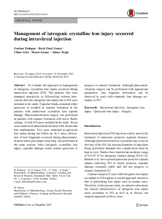 (PDF) Management of iatrogenic crystalline lens injury occurred during intravitreal injection