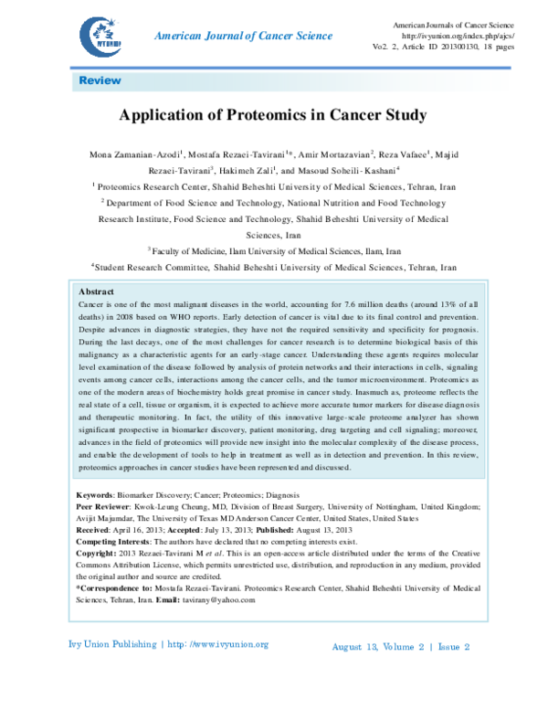 (PDF) Application of Proteomics in Cancer Study