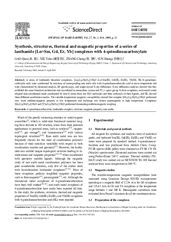 (PDF) Synthesis, structures, thermal and magnetic properties of a ...