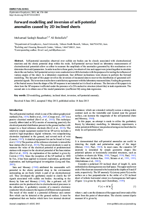 (PDF) Forward modelling and inversion of self-potential anomalies caused by 2D inclined sheets