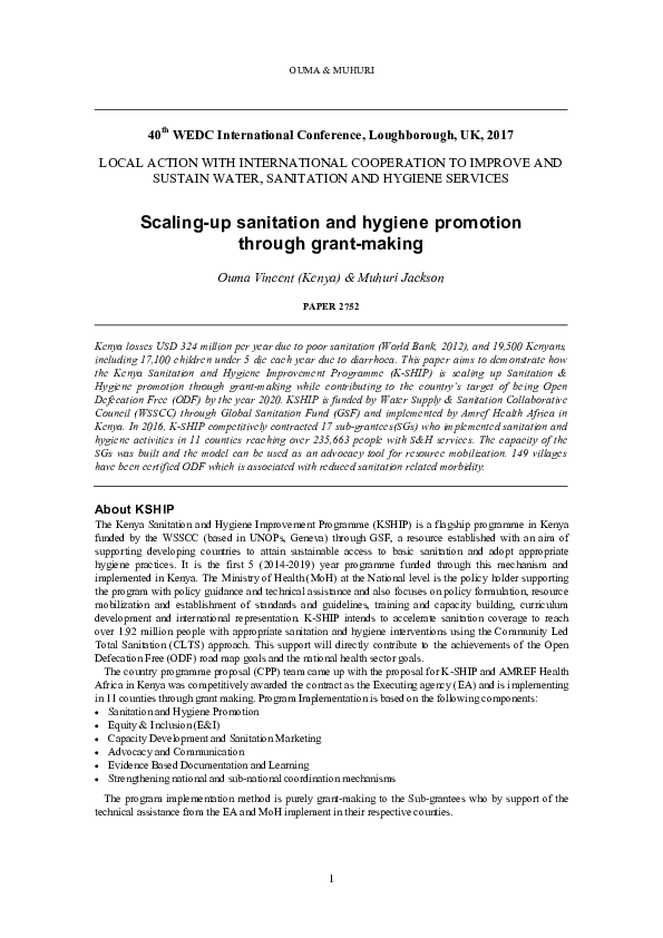 Pdf Scaling Up Sanitation And Hygiene Promotion Through Grant Making