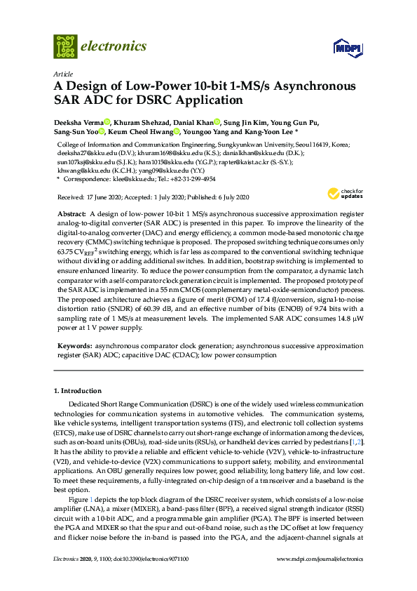 Pdf A Design Of Low Power 10 Bit 1 Mss Asynchronous Sar Adc For Dsrc