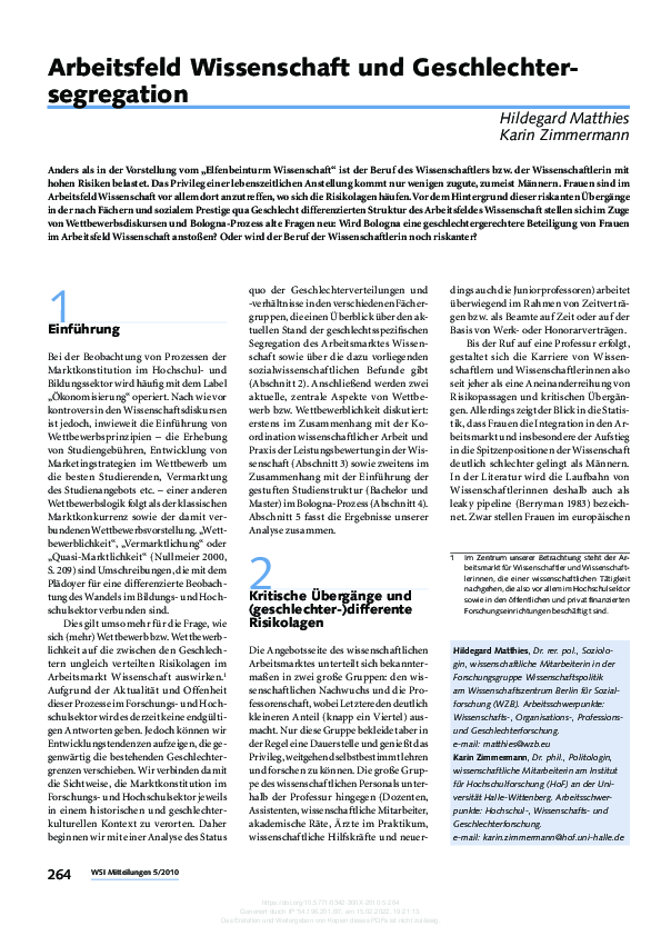 (PDF) Arbeitsfeld Wissenschaft und Geschlechtersegregation