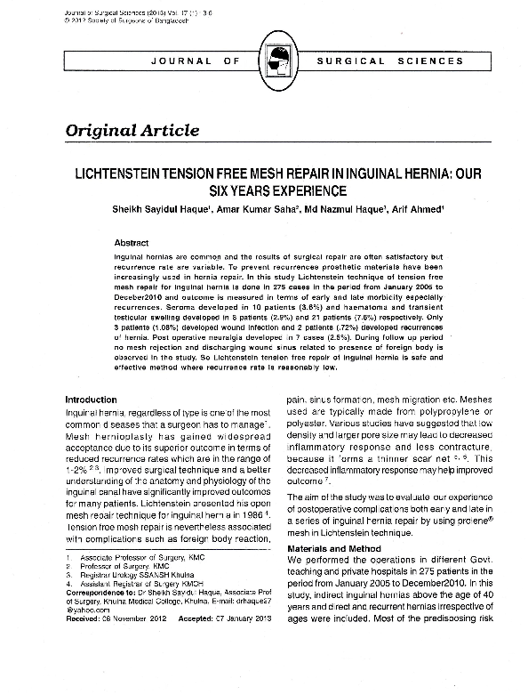 (PDF) Lichtenstein Tension Free Mesh Repair in Inguinal Hernia: Our Six Years Experience