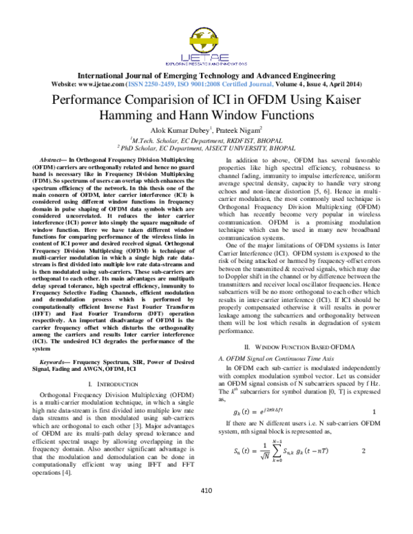 Pdf Performance Comparision Of Ici In Ofdm Using Kaiser Hamming And Hann Window Functions