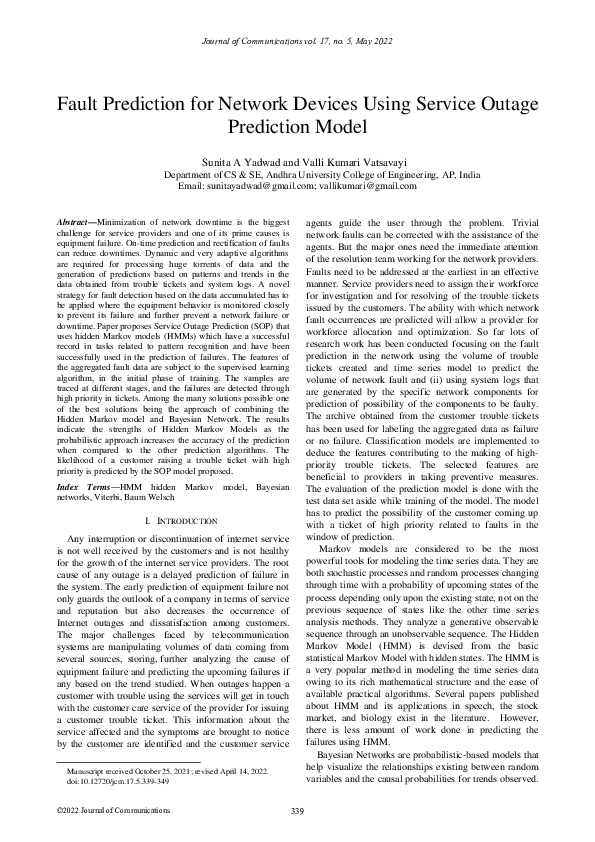 Pdf Fault Prediction For Network Devices Using Service Outage Prediction Model
