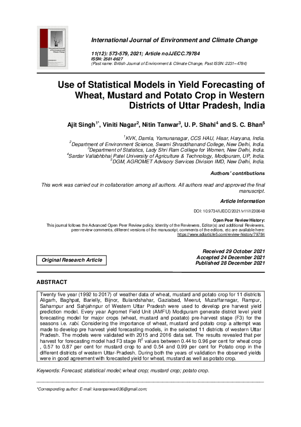 (PDF) Use of Statistical Models in Yield Forecasting of Wheat, Mustard and Potato Crop in ...