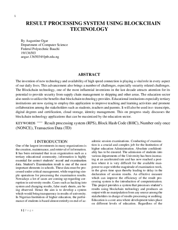 Pdf Result Processing System Using Blockchain Technology