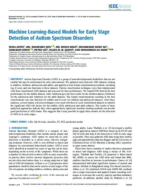 Pdf Machine Learning Based Models For Early Stage Detection Of Autism Spectrum Disorders