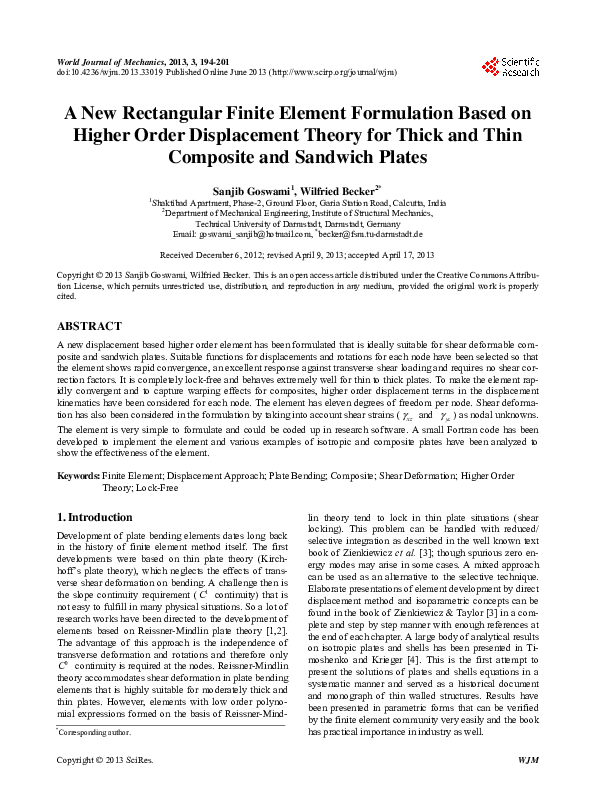 Pdf A New Rectangular Finite Element Formulation Based On Higher Order Displacement Theory For