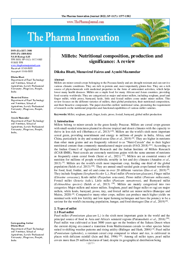 (PDF) Millets: Nutritional composition, production and significance: A ...