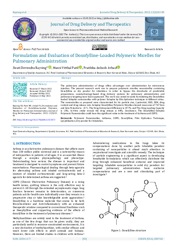 Pdf Formulation And Evaluation Of Doxofylline Loaded Polymeric Micelles For Pulmonary