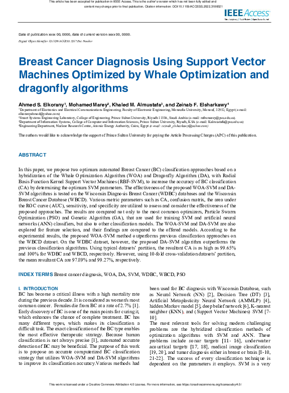 (PDF) Breast Cancer Diagnosis Using Support Vector Machines Optimized by Whale Optimization and ...