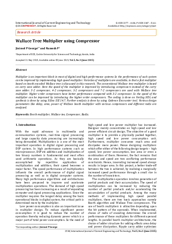 (PDF) TECHNOLOGY Design of Wallace Tree Multiplier using Compressors | Anshuman Moharana ...