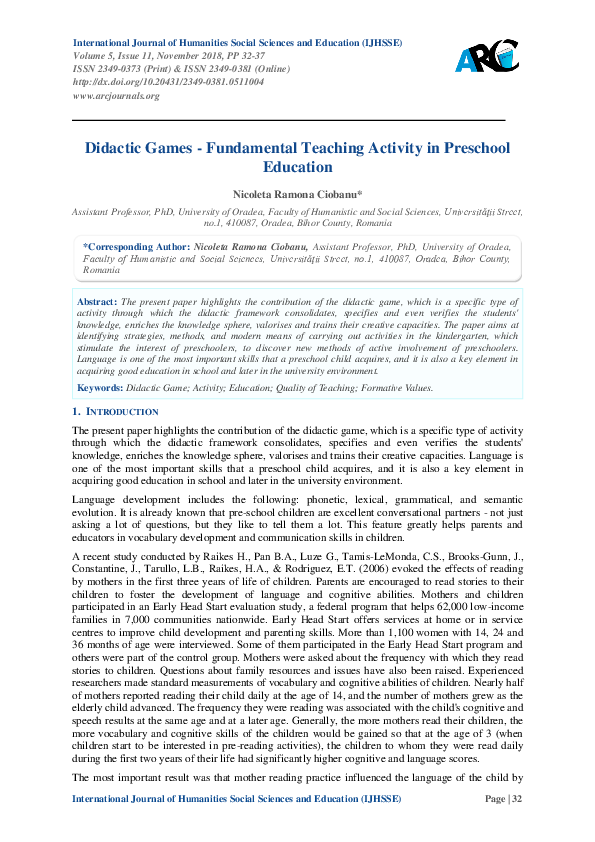 (PDF) Didactic Games - Fundamental Teaching Activity in Preschool Education
