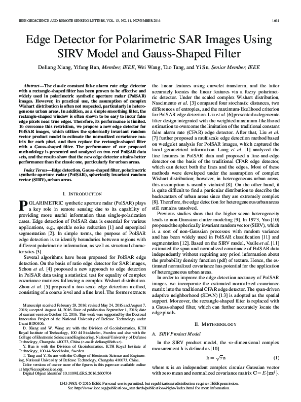 Pdf Edge Detector For Polarimetric Sar Images Using Sirv Model And Gauss Shaped Filter