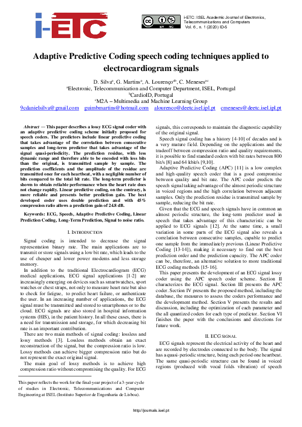 (PDF) APC speech coding techniques applied to ECG signals
