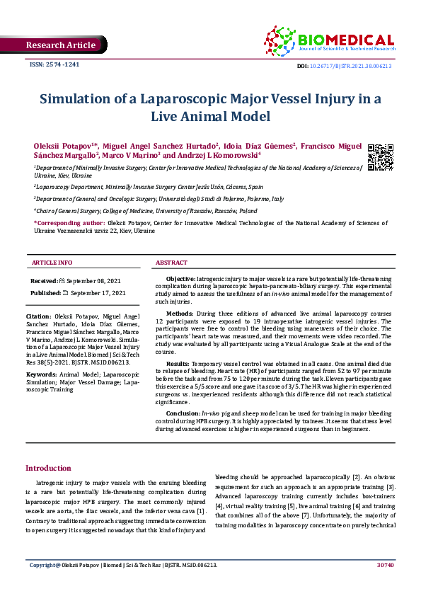 (PDF) Simulation of a Laparoscopic Major Vessel Injury in a Live Animal ...