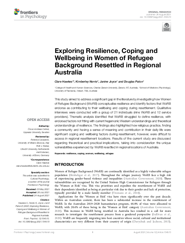 (PDF) Exploring Resilience, Coping and Wellbeing in Women of Refugee Background Resettled in ...