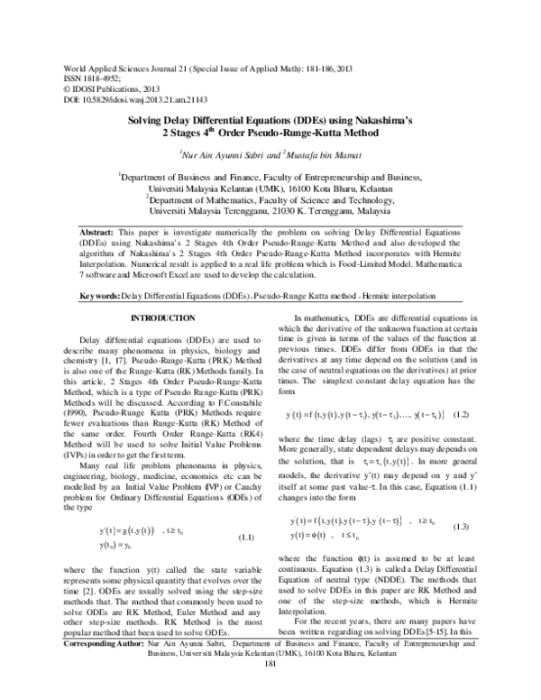 Pdf Solving Delay Differential Equations Ddes Using Nakashimas 2 4733