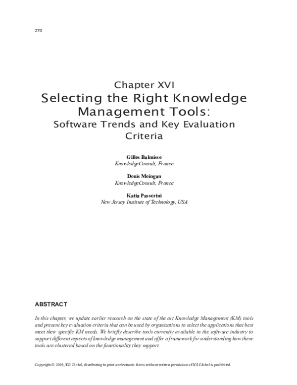 (PDF) Selecting the Right Knowledge Management Tools | Denis MEINGAN - Academia.edu