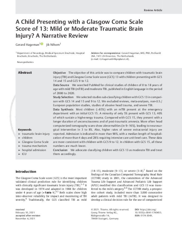 (PDF) A Child Presenting with a Glasgow Coma Scale Score of 13: Mild or Moderate Traumatic Brain ...