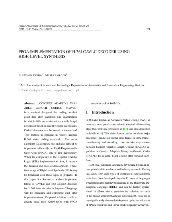 Pdf Fpga Implementation Of H 264 Cavlc Decoder Using High Level Synthesis
