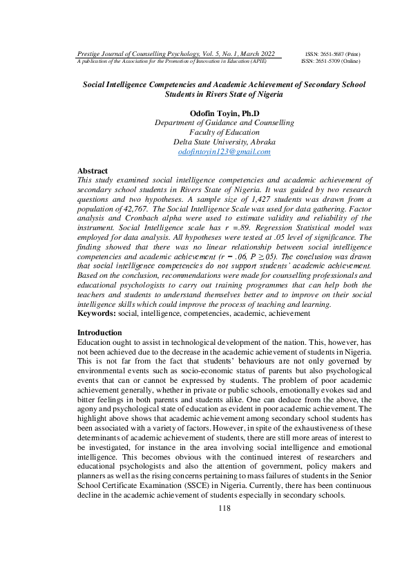 (PDF) Social Intelligence Competencies and Academic Achievement of ...