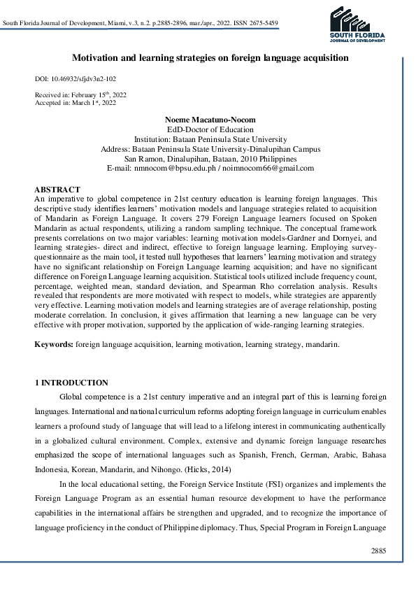 (PDF) Motivation and learning strategies on foreign language acquisition