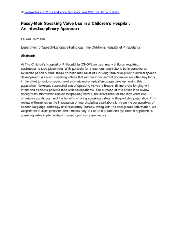 (PDF) Passy-Muir Speaking Valve Use in a Children’s Hospital: An ...