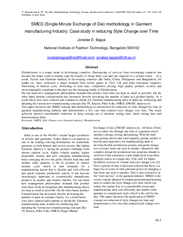 (PDF) SMED (Single-Minute Exchange of Die) methodology in Garment ...