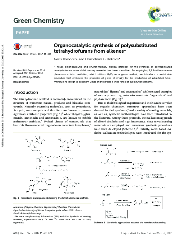 (PDF) Organocatalytic synthesis of polysubstituted tetrahydrofurans ...