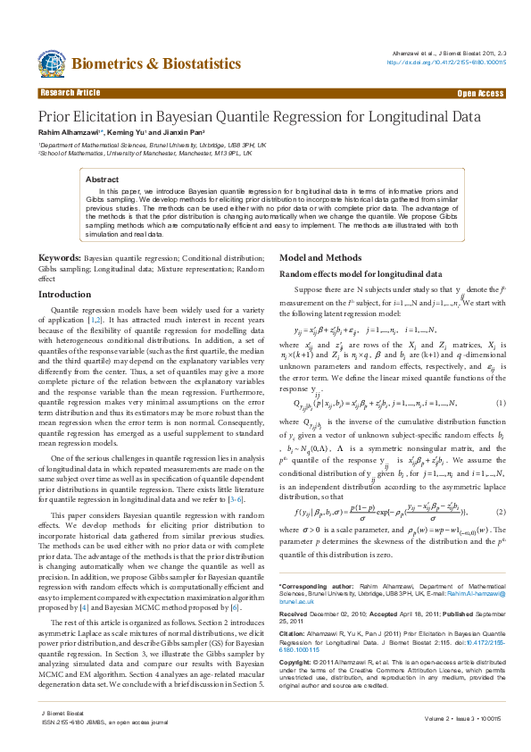 (PDF) Prior Elicitation in Bayesian Quantile Regression for Longitudinal Data