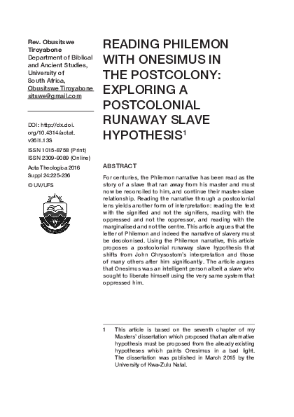 (PDF) Reading Philemon with Onesimus in the postcolony: exploring a postcolonial runaway slave ...