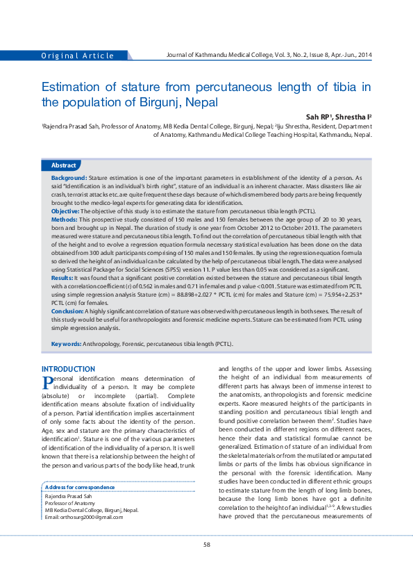 (PDF) Estimation of stature from percutaneous length of tibia in the ...