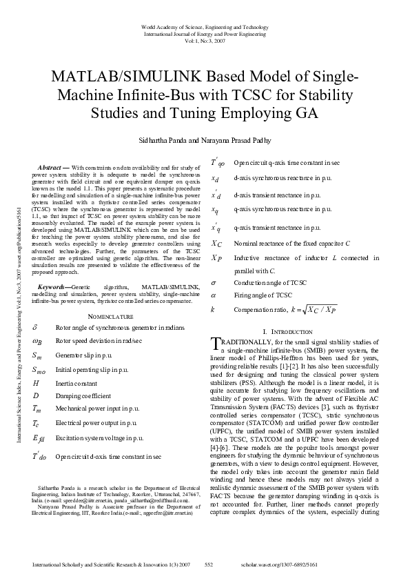 (PDF) Matlab/Simulink Based Model Of Single- Machine Infinite-Bus With Tcsc For Stability ...
