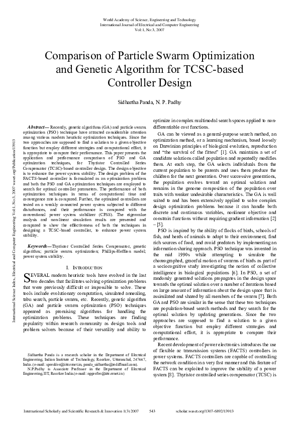 Pdf Comparison Of Particle Swarm Optimization And Genetic Algorithm For Tcsc Based Controller 4906