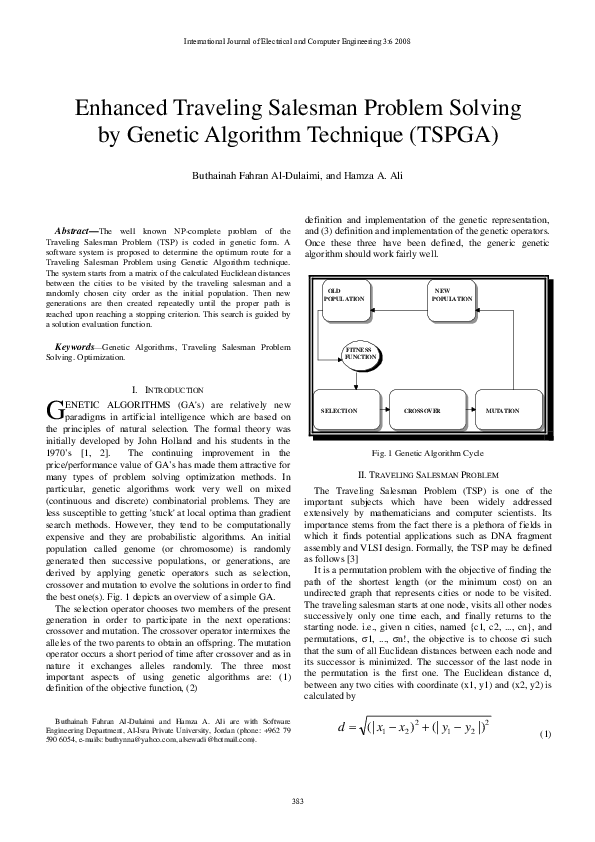 Pdf Enhanced Traveling Salesman Problem Solving By Genetic Algorithm