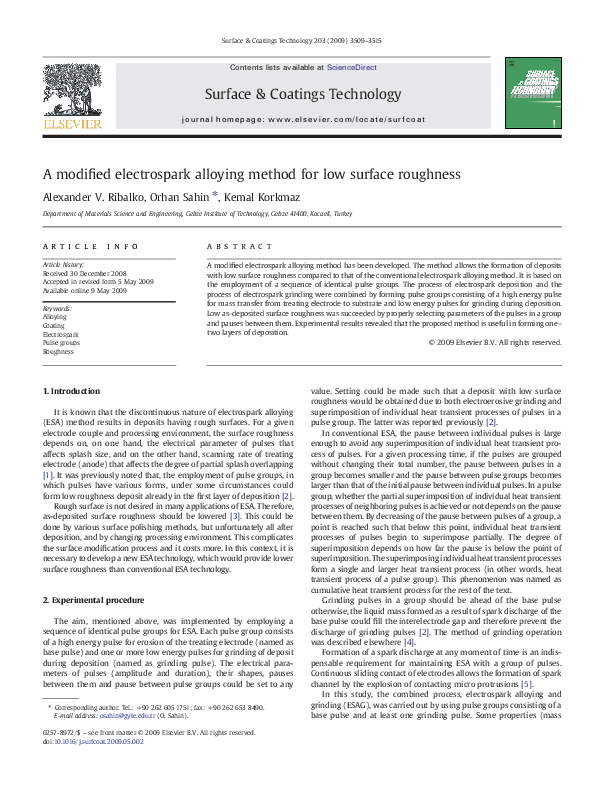 (PDF) A modified electrospark alloying method for low surface roughness